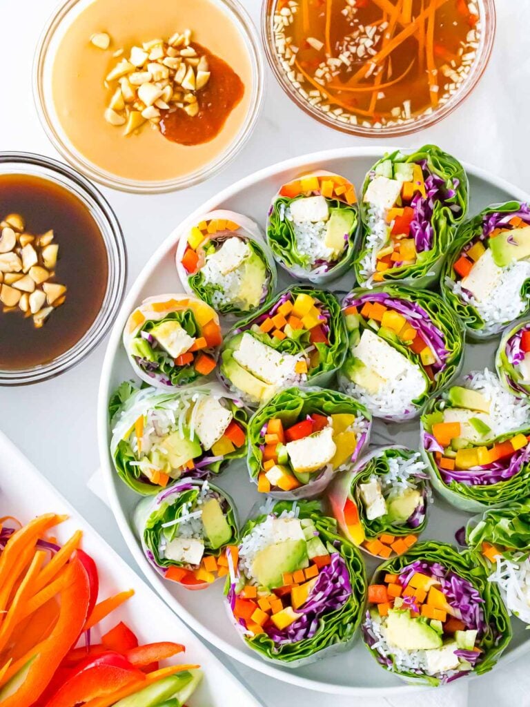 Vegetarian Summer Rolls with 3 Dipping Sauces - Drive Me Hungry